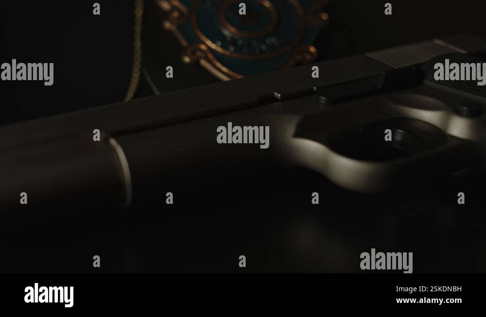 Beautiful Dolly out of gun and police badge with flashing lights in the ...