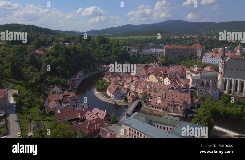 Smooth aerial top view flight drone. Cesky Krumlov old town moldova ...