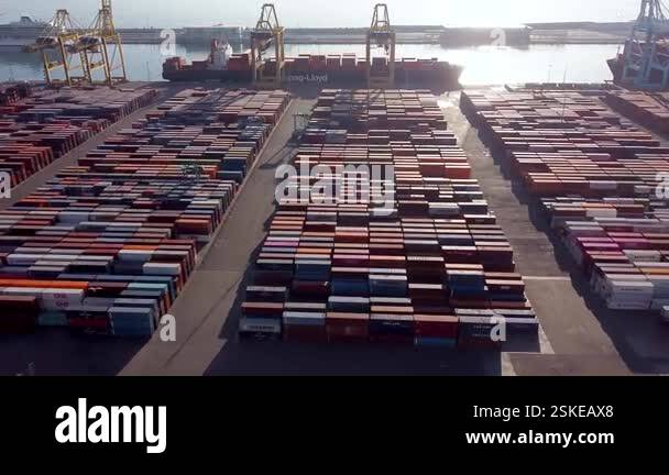 Barcelona, Spain - 3 February 2025: Aerial view of shipping containers ...
