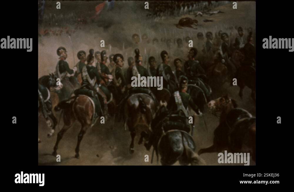 1960s: Painting of a Napoleonic Wars battle: Column of cavalry breaks ...