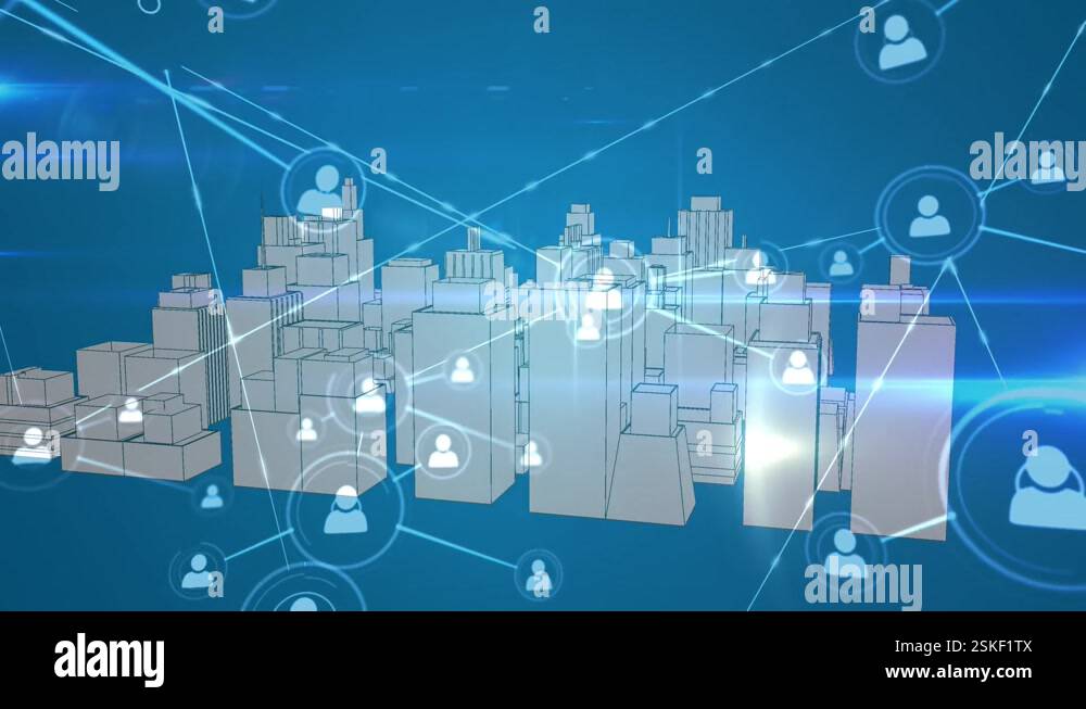 Animation of connected icons, lens flares over 3d model of city ...