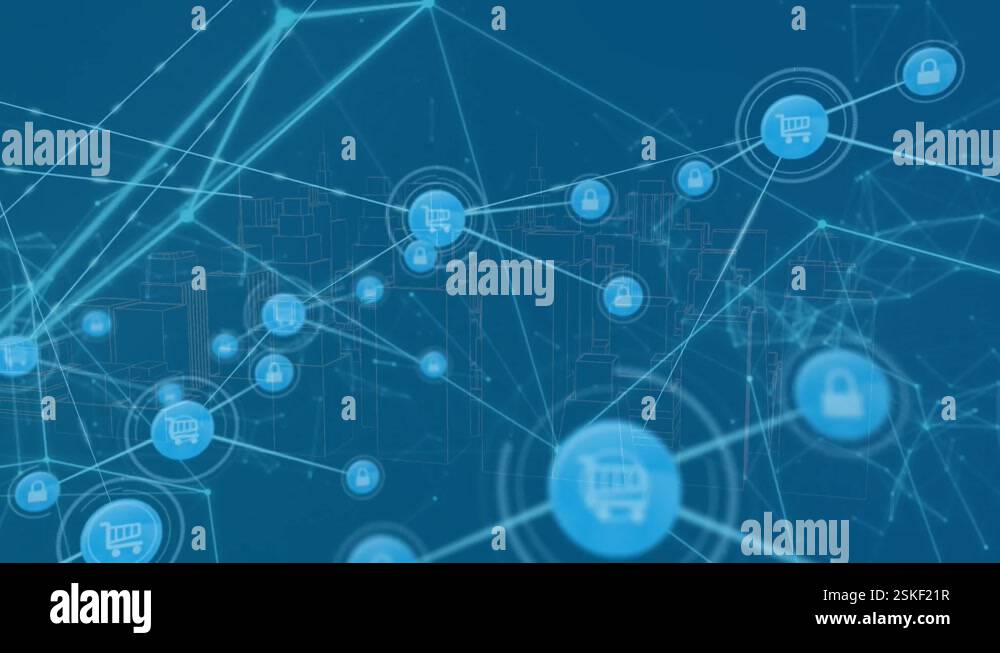 Animation of connected icons, connected dots and 3d model of modern ...