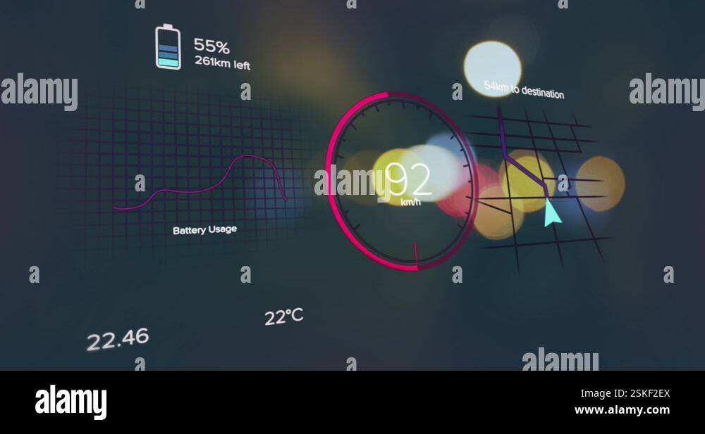 Animation of numbers in speedometer, battery icon, navigation pattern, blurred Stock Video ...