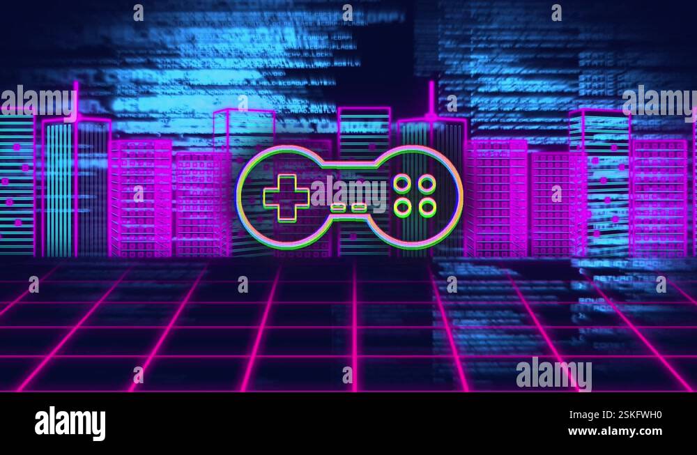 Animation of gaming console and 3d model of buildings with computer ...