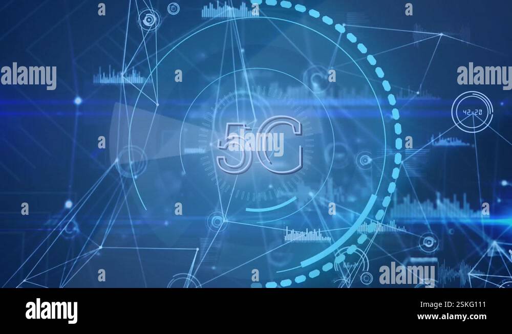 Animation Of 5g Text In Loading Circles And Connected Dots With Graph
