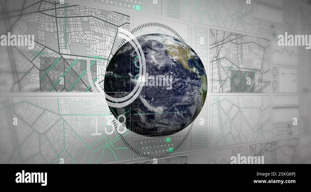 Animation of navigation pattern, loading circles, changing numbers over globe on Stock Video ...