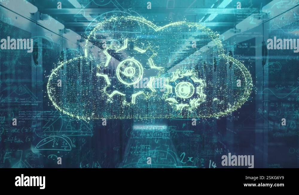Animation of mechanical gears in cloud, mathematical equation and ...