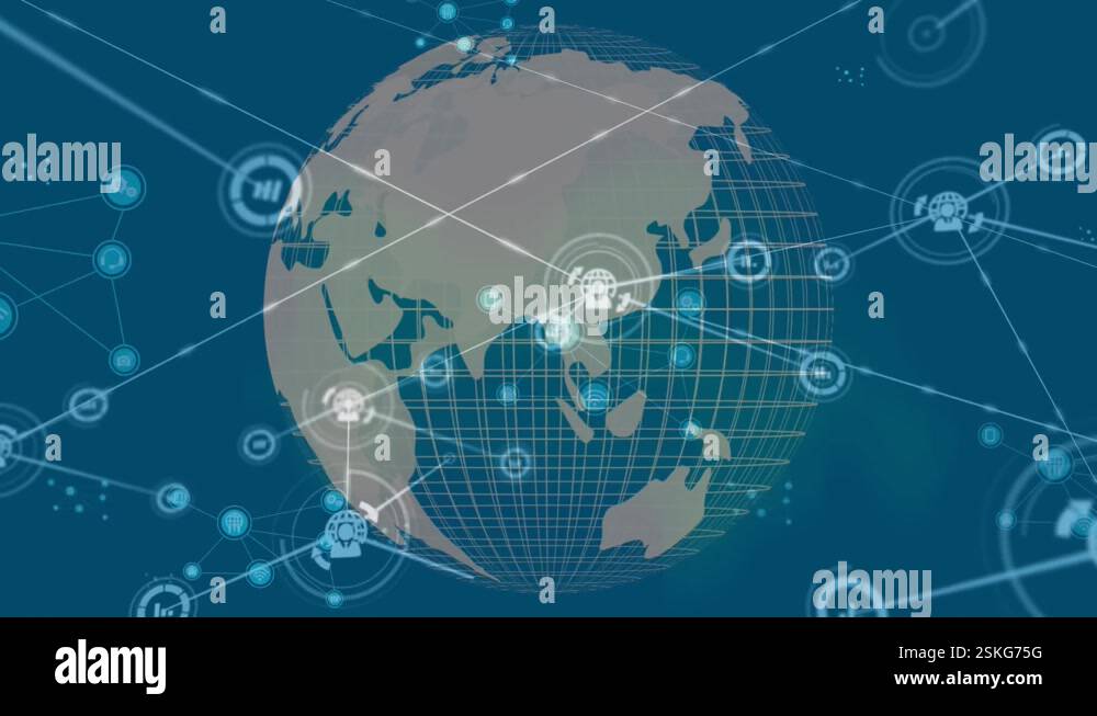 Animation of connected icons over flowchart of icons and rotating globe against Stock Video ...