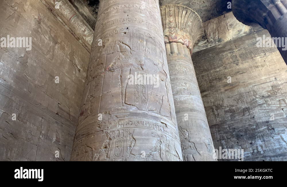 Colossal column in Edfu temple, Egypt. Beautiful hieroglyphics ...