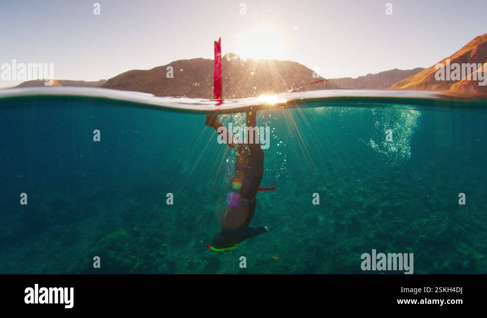 Duck dive freediving. Male freediver does duck dive and freedives in ...