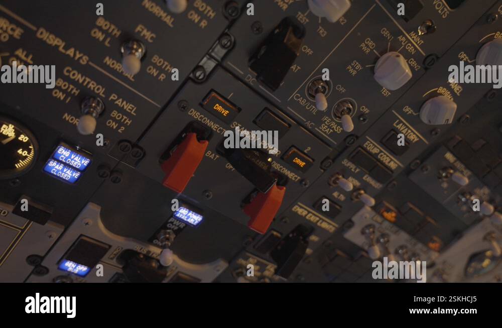 Control panels in a Boeing 737 cockpit. Jet airliner interior, with ...