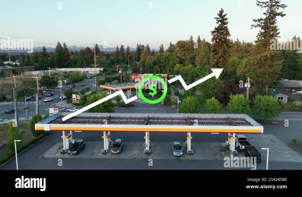 Aerial animation over a gas station showing how prices of oil are ...