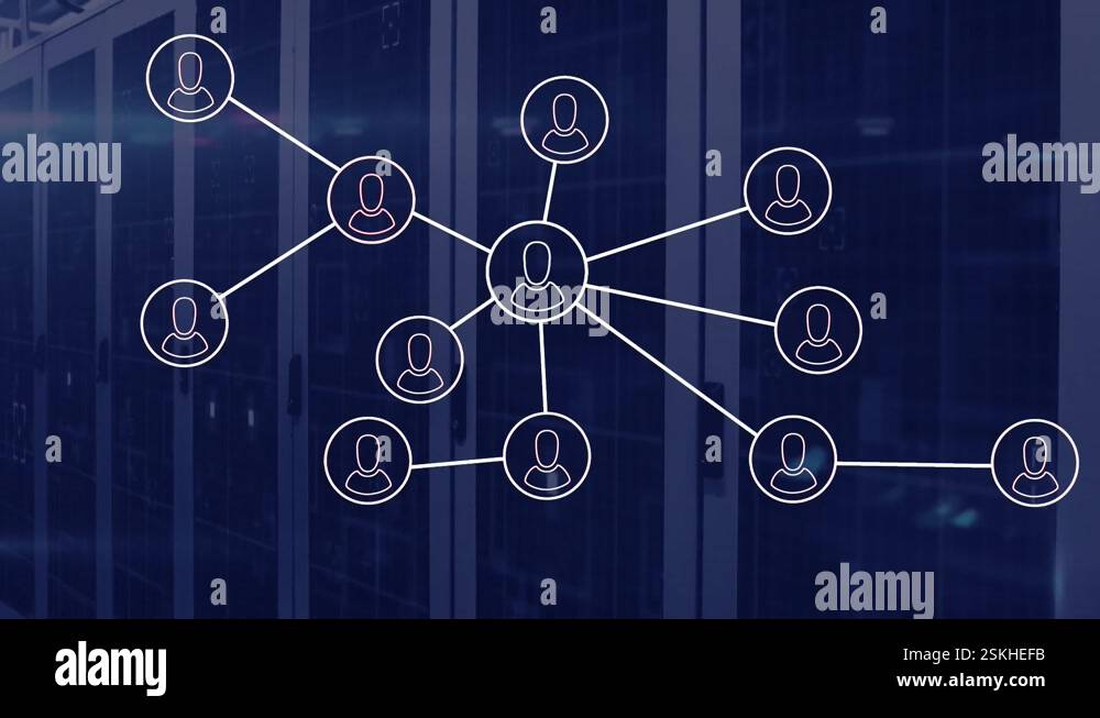 Animation of flowchart of icons over lens flares against data server ...