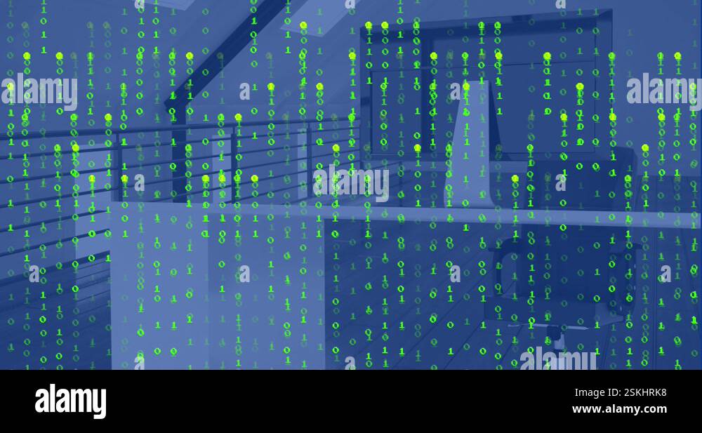 Animation of green falling binary codes over desktop and unoccupied ...
