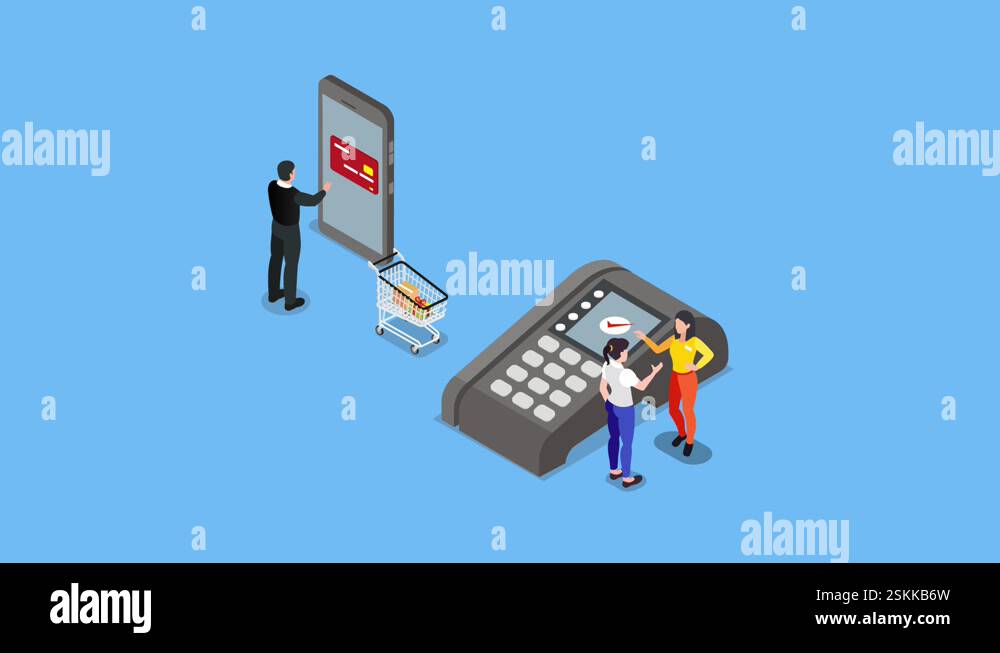 Shoppers and Electronic Data Capture machine artoon animation in 4K UHD ...