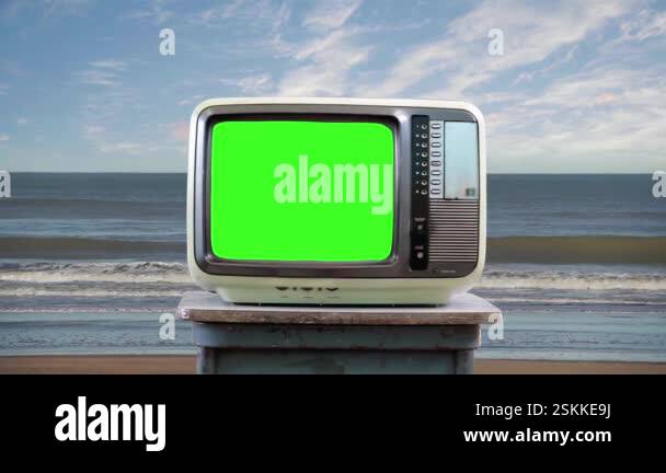 Old Television with Green Screen and Ocean Waves in the Background - 4K ...