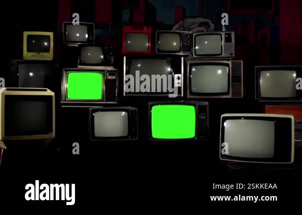 Five Vintage TVs Turning On Green Screens in a Stack of 80s and 90s ...
