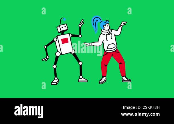Robot dancing with women 2D loop animation on green screen background ...