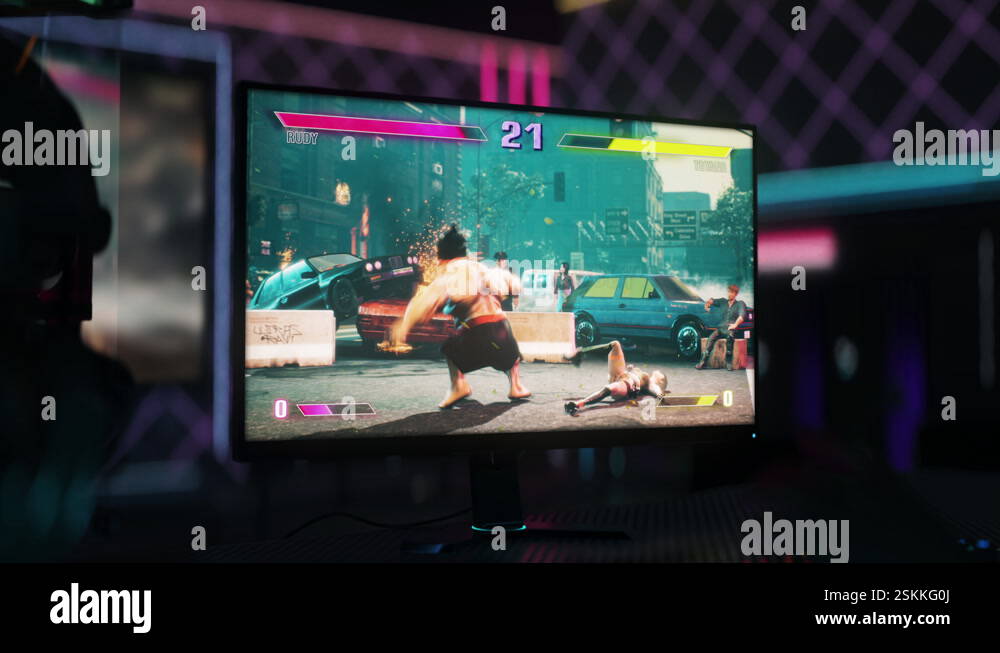 Animation of the modern versus fighting digital game shown on pc screen ...