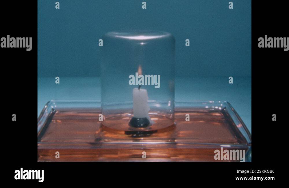 1960s: Candle under glass container. Flame flickers and dies. Water ...