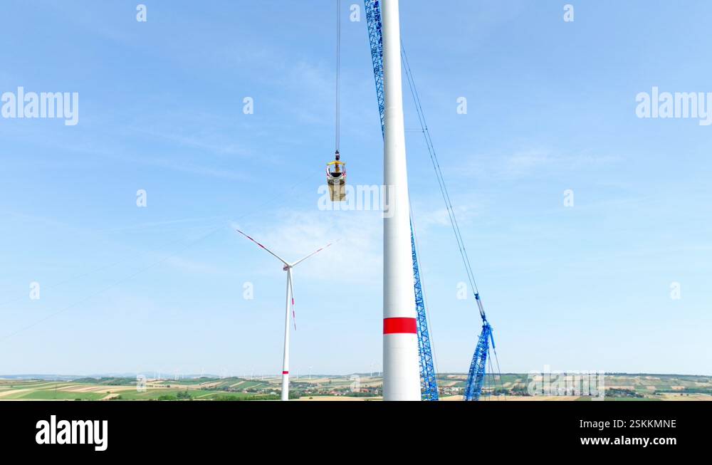 Wind Turbine Nacelle Lifted By Crawler Crane For Installation At Wind ...
