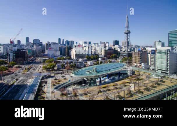 aerial city skyline timelapse view of the Nagoya city center with ...
