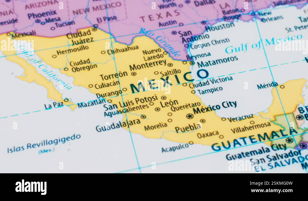 Close-up of the country word Mexico on a world map with the detailed ...