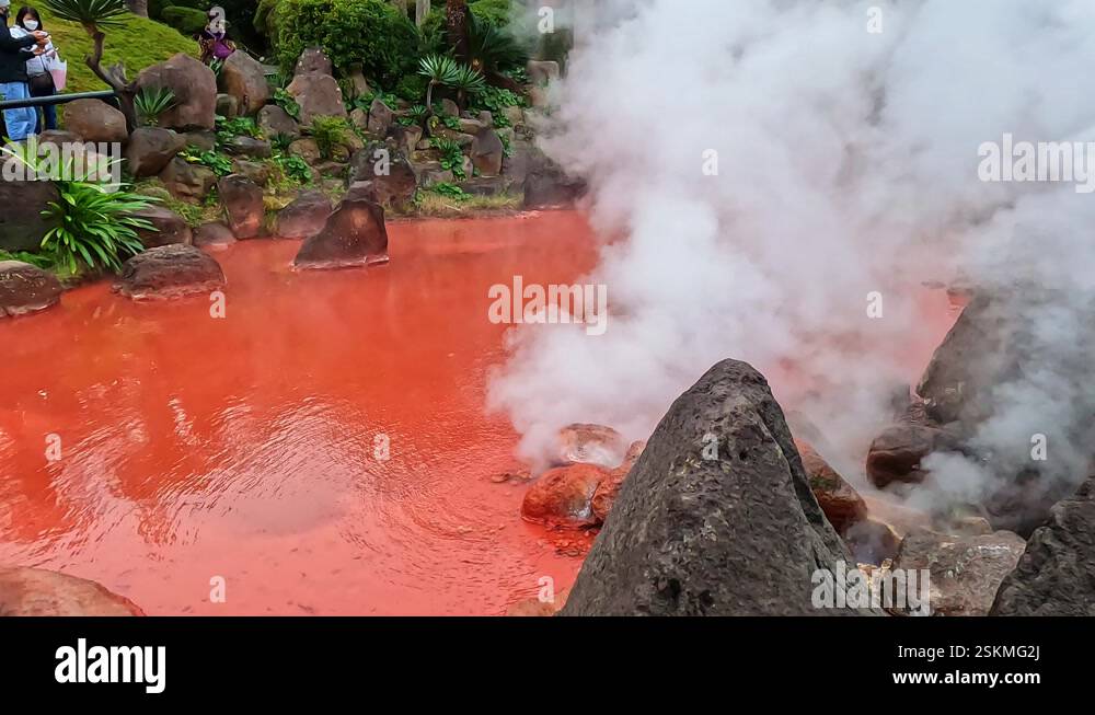 Hot spring water (Hells), red pond in Umi Jigoku at Beppu, Oita-shi ...