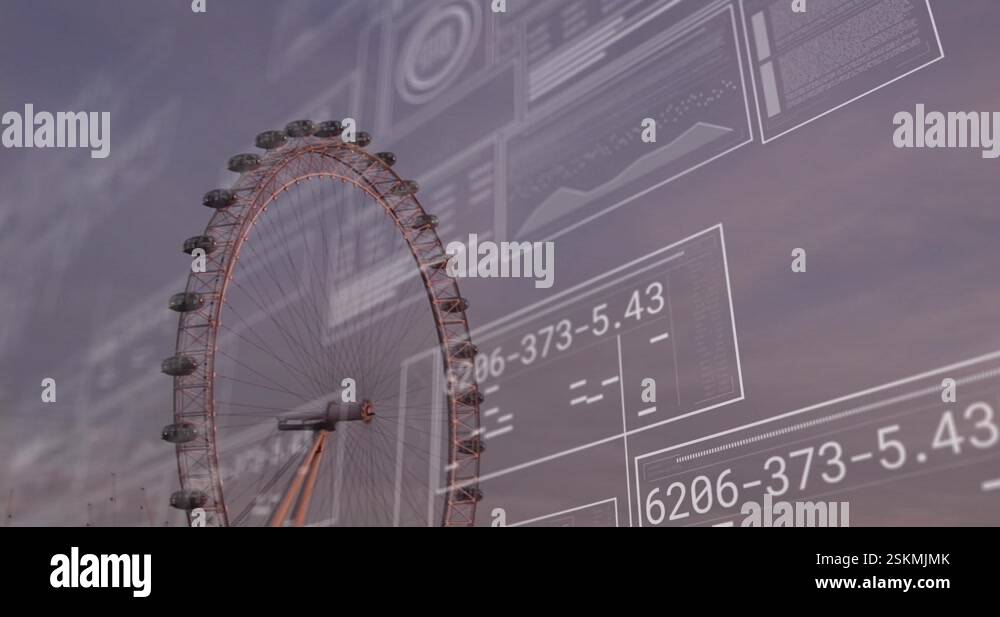 Animation of graphs, loading circles and bars with changing numbers over ferris Stock Video ...