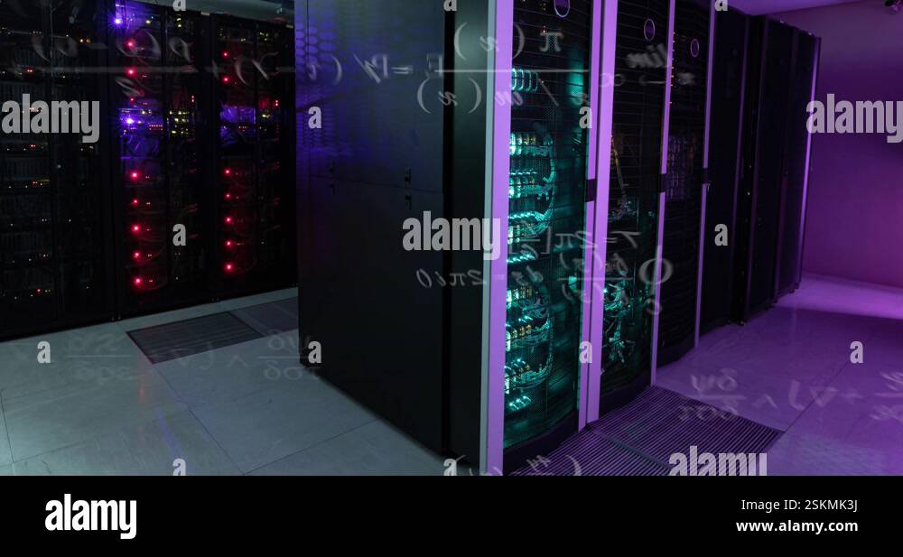 Animation of mathematical equations floating against computer server ...