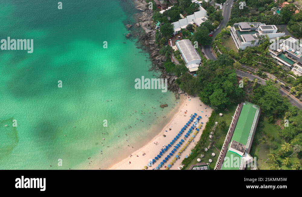 phuket island cozy beach bay hotel complex aerial topdown view 4k ...