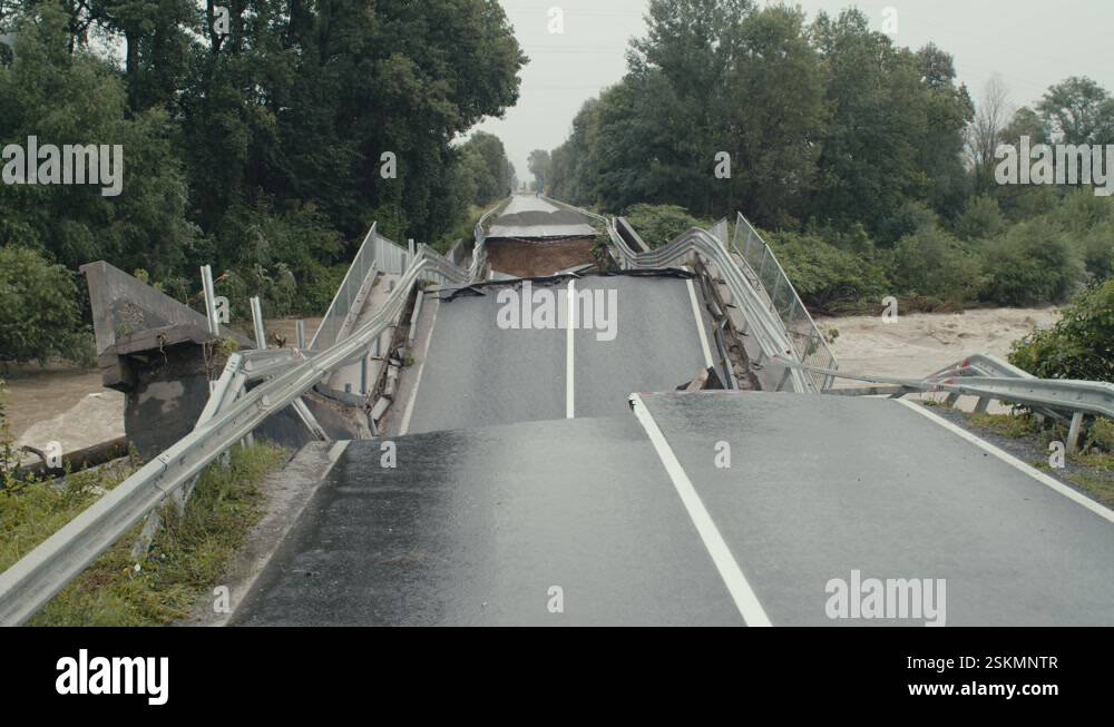 Collapsed bridge severe floods catastrophe river water broke the road ...