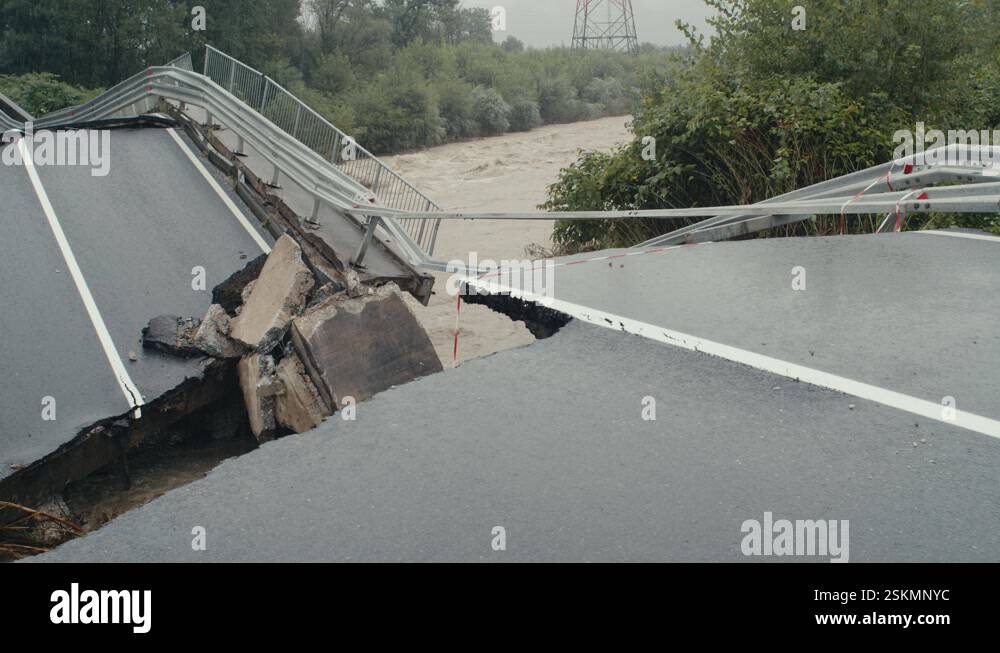 Collapsed broken road bridge severe catastrophic river water floods Stock Video Footage - Alamy