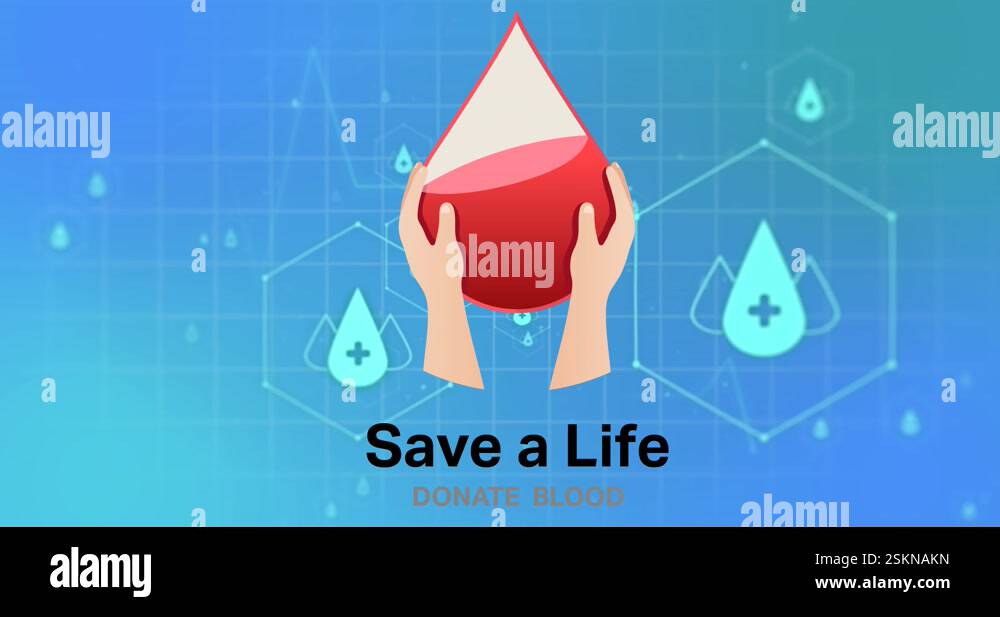 Animation of medical icons and hands holding blood drop with donate ...