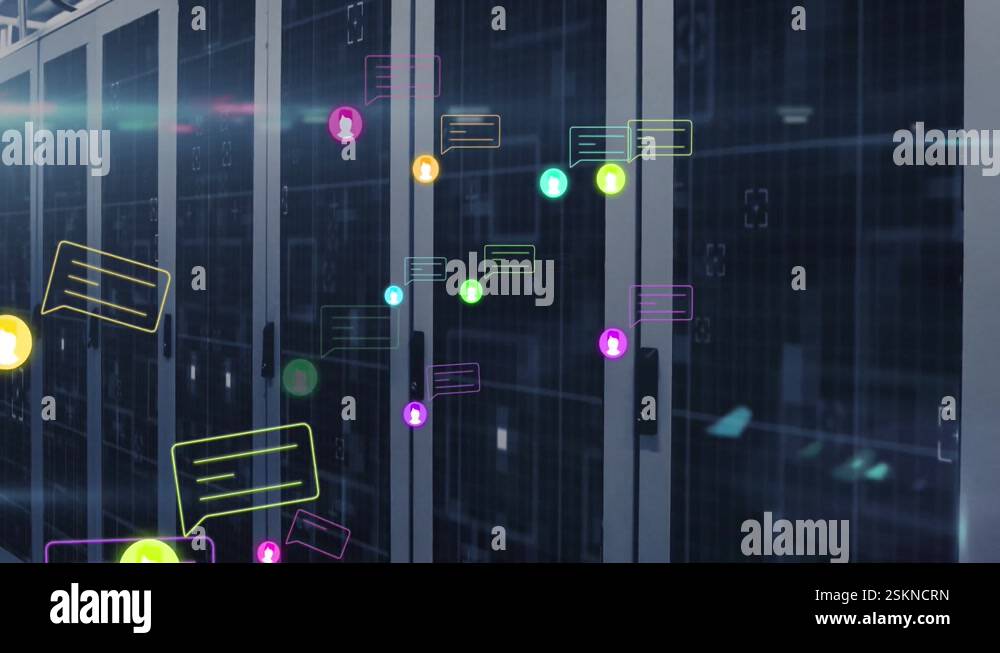 Animation of multiple message and profile icons floating and light spot ...
