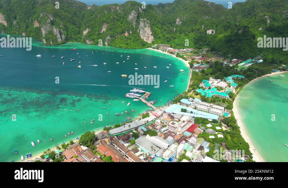 Busy lagoon on famous vacation island Koh Phi Phi in Thailand, aerial ...