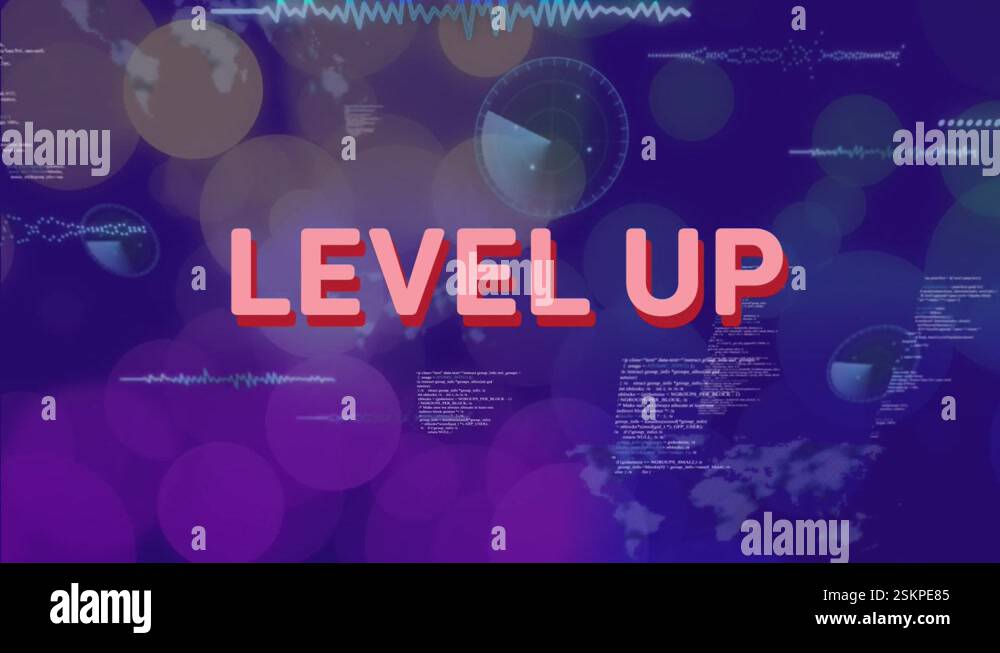 Animation of geometric shapes, level up text, map and computer language over Stock Video Footage ...