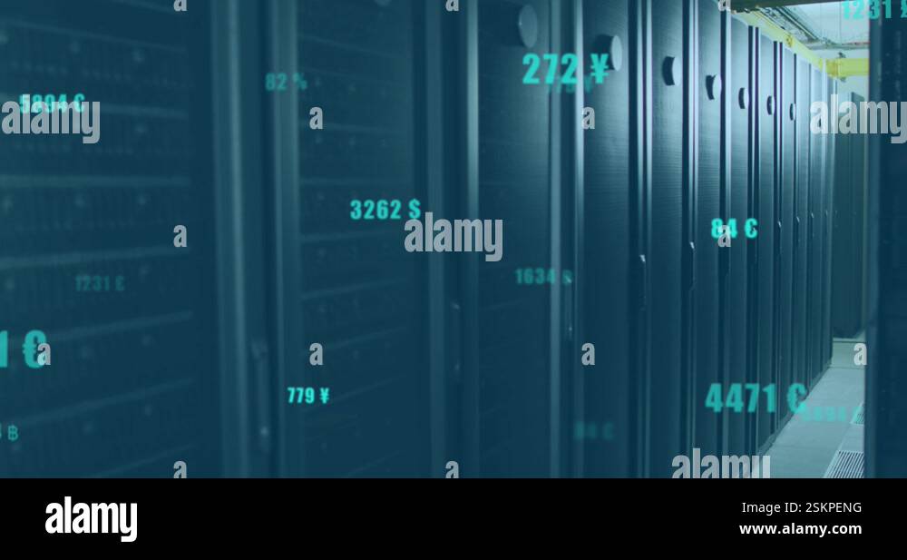 Animation of changing numbers with currency symbols over data server room Stock Video Footage ...
