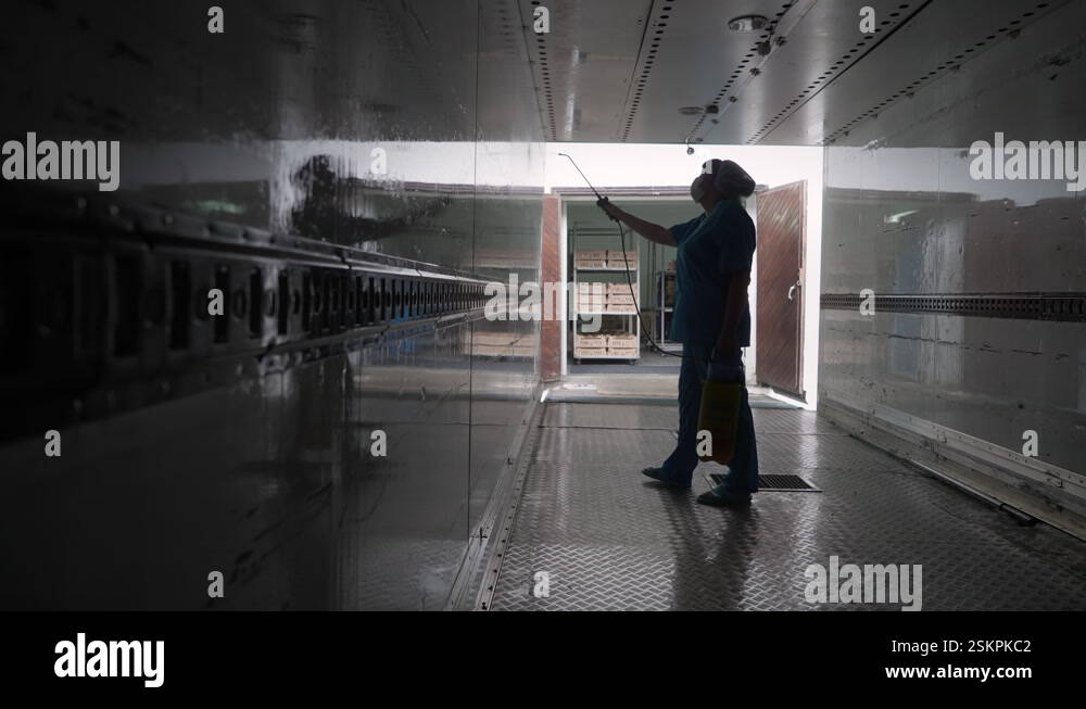 Spraying the disinfection liquid inside industrial transportation truck ...