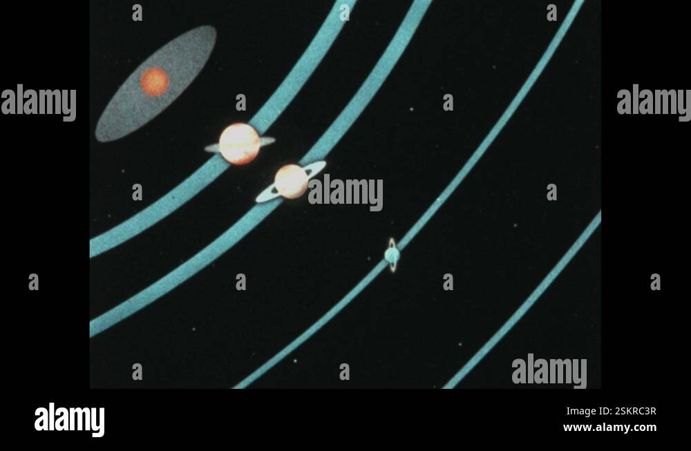 1980s: Animation of solar system, planets appear. View of stars, moving ...