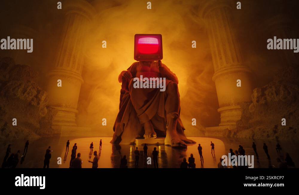 Media magnate. Statue of giant evil god of media with television head ...