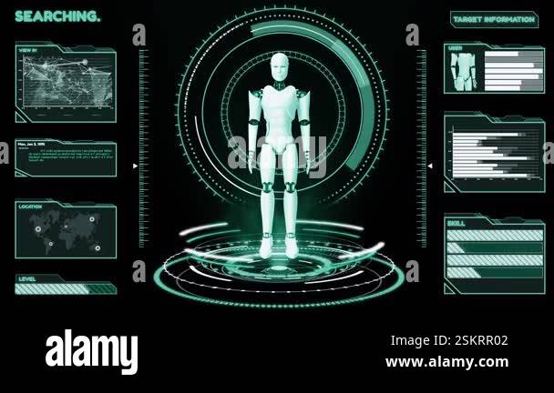 Futuristic robot, artificial intelligence CGI big data analytics and programming . Robotic man ...