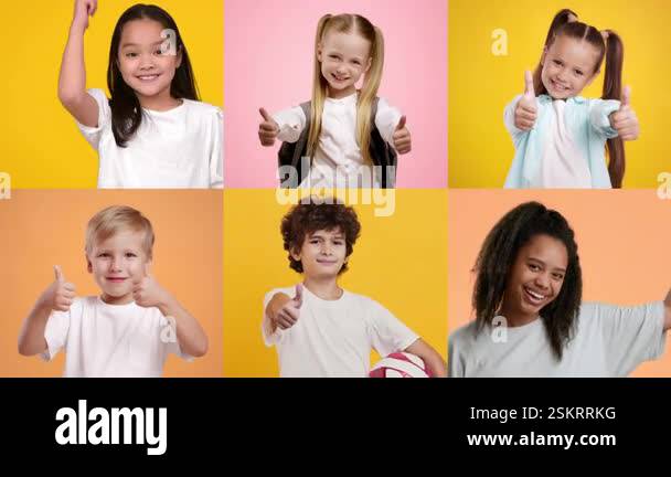 A joyful group of six children showcases their excitement by giving ...