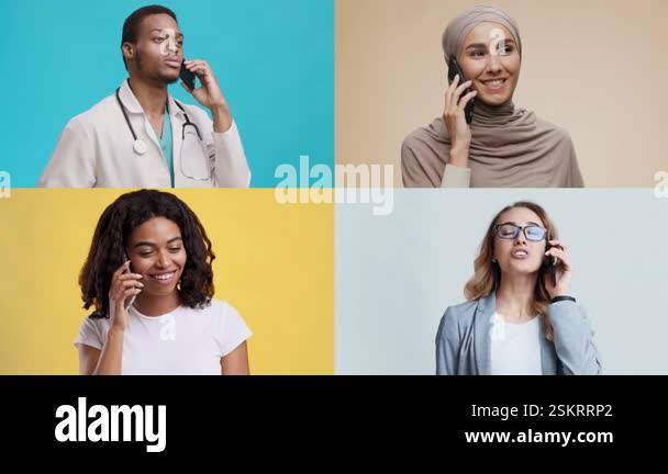 Four people of different backgrounds are talking on their phones, each ...