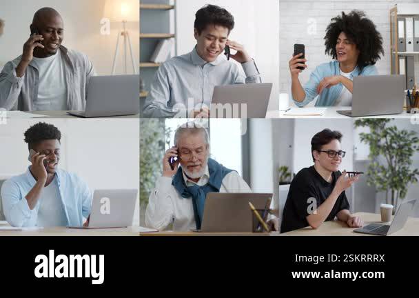 A diverse group of individuals participates in virtual meetings from ...