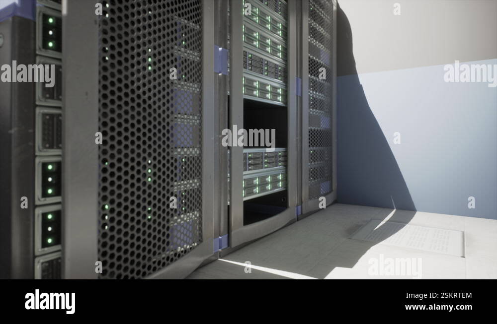 Shot of Corridor in Working Data Center Full of Rack Servers and ...