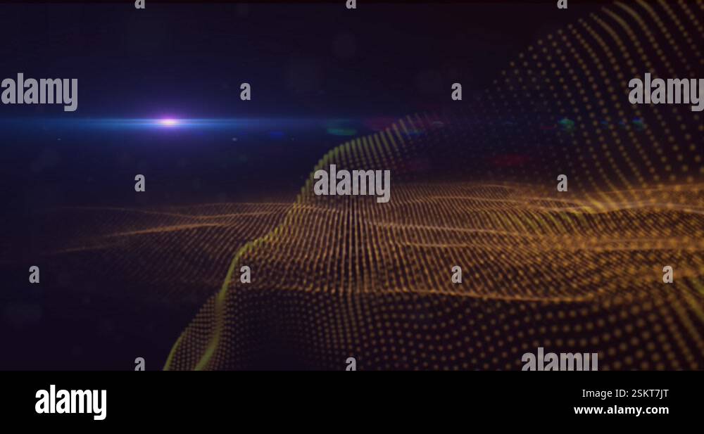 Animation of dots forming dynamic waves and lens flares over black ...