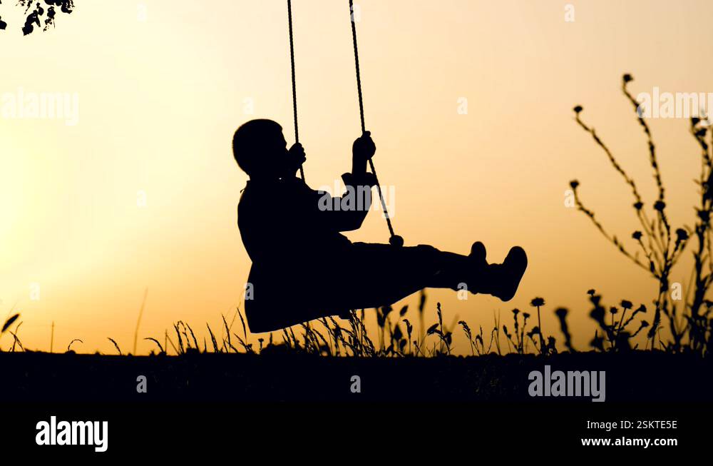 Playful little boy playing swings silhouette in rural park against sunset sky Stock Video ...