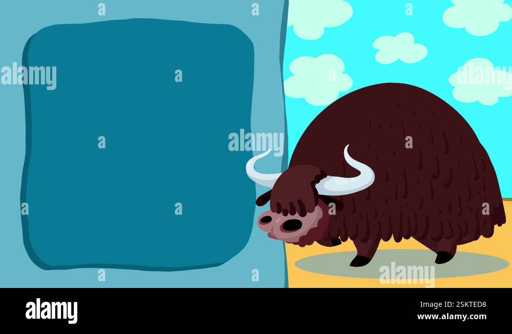 Cartoon character yak animal brown walking loop animation for titles ...