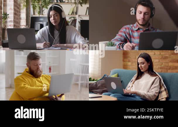 Four people focused on their laptops while studying or working from ...